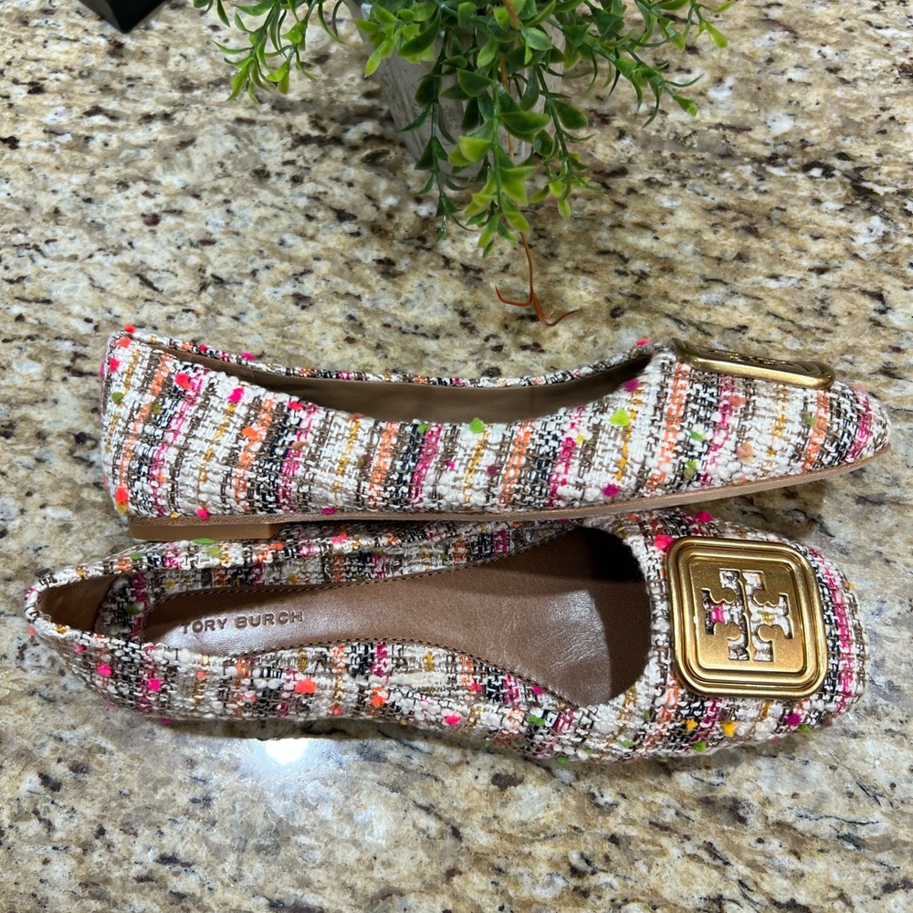 Tory Burch Georgia Tweed Ballerina Square Toe Flats 7m - Gem